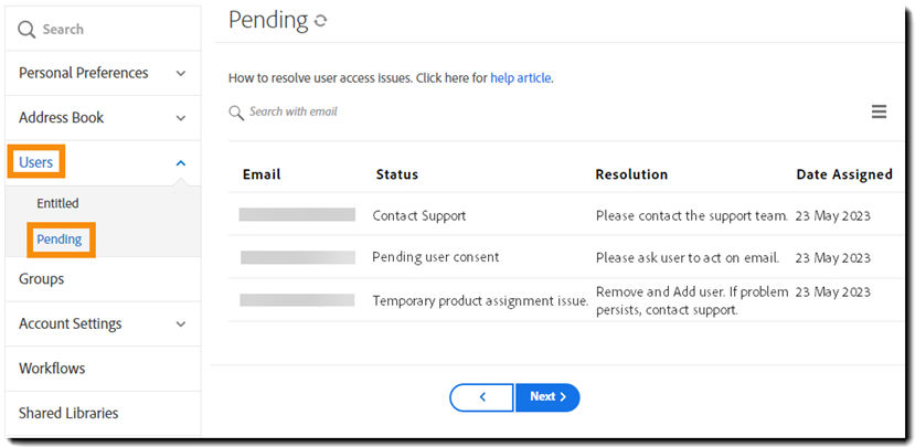Users provisioned in the Admin Console that have errors enabling